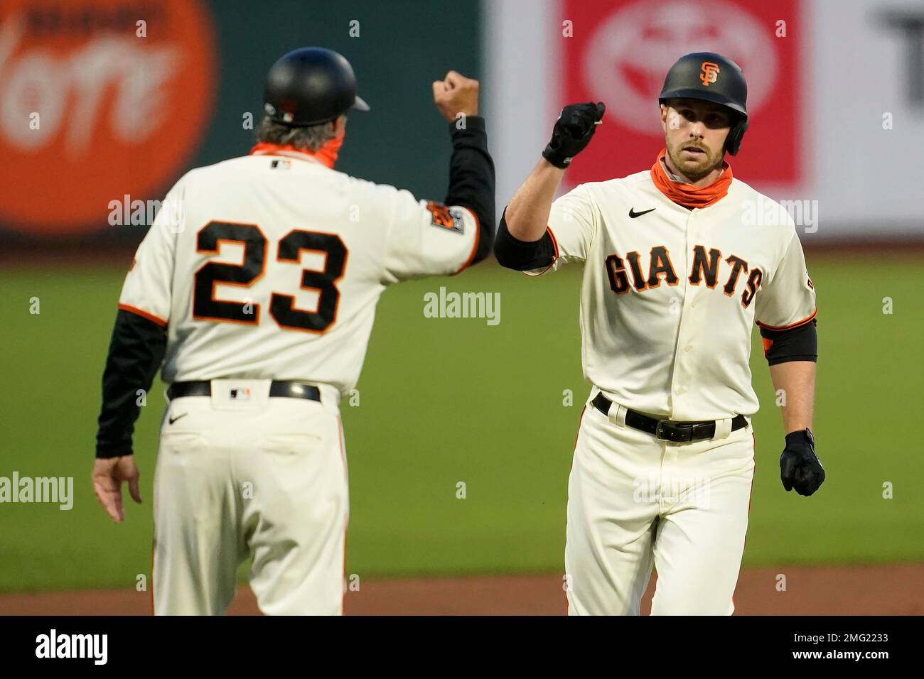 San Francisco Giants' Austin Slater, right, celebrates with third base ...