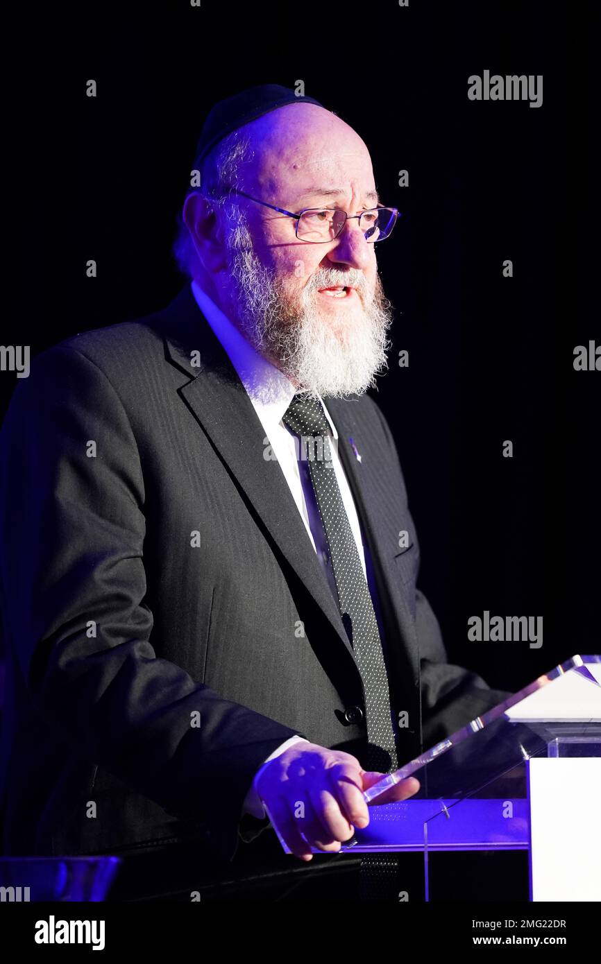 Chief Rabbi Sir Ephraim Mirvis KBE, speaks at a commemorative ceremony ...