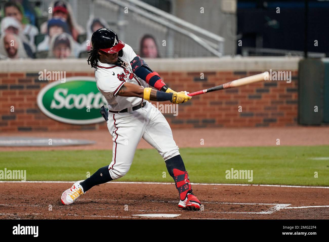 Atlanta Braves' Ronald Acuna Jr., strikes out in the fourth inning of a ...