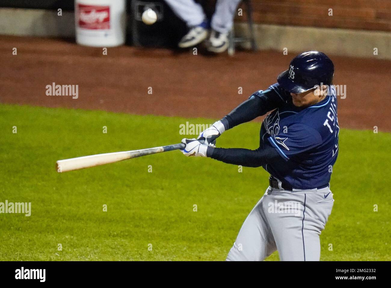 Tampa Bay Rays' Yoshitomo Tsutsugo, of Japan, hits a foul tip for an ...