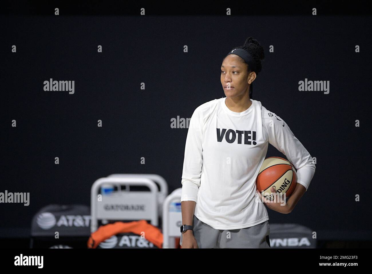 Las Vegas Aces center A'ja Wilson warms up before a WNBA basketball ...