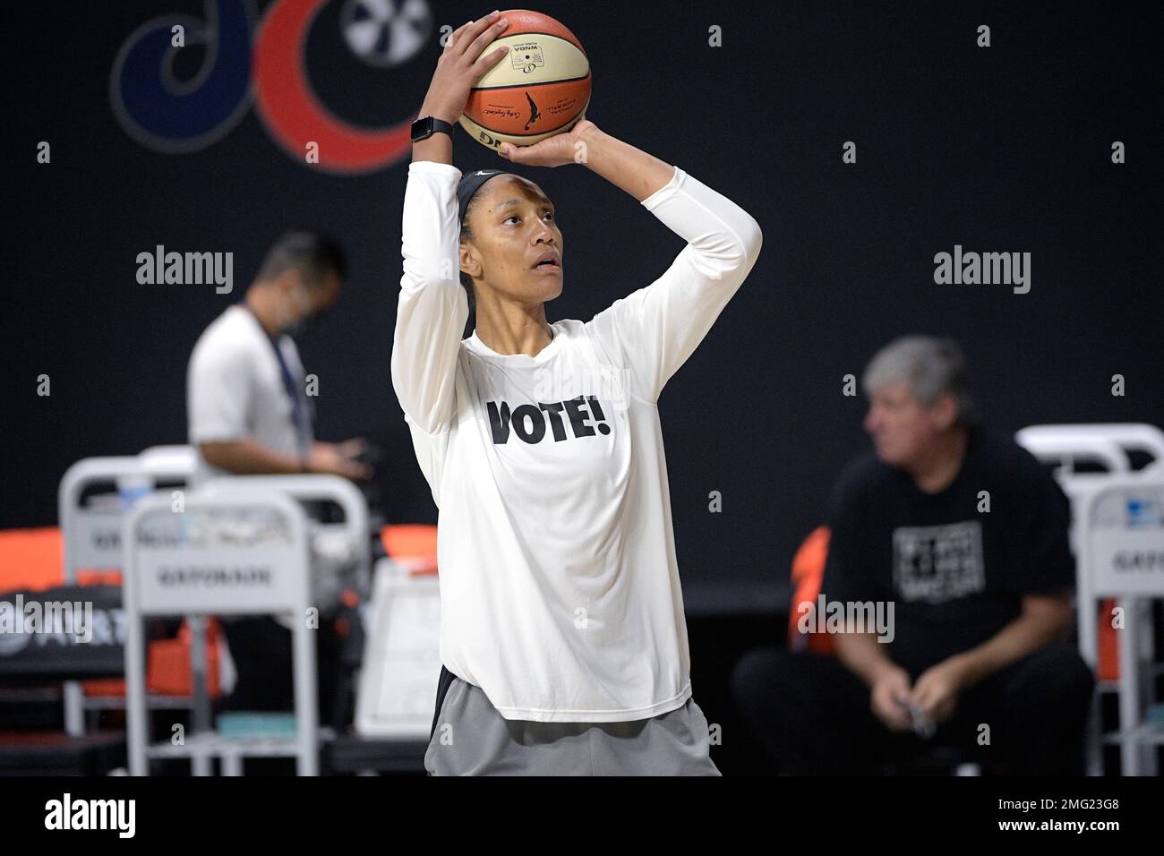 Las Vegas Aces center A'ja Wilson warms up before a WNBA basketball ...