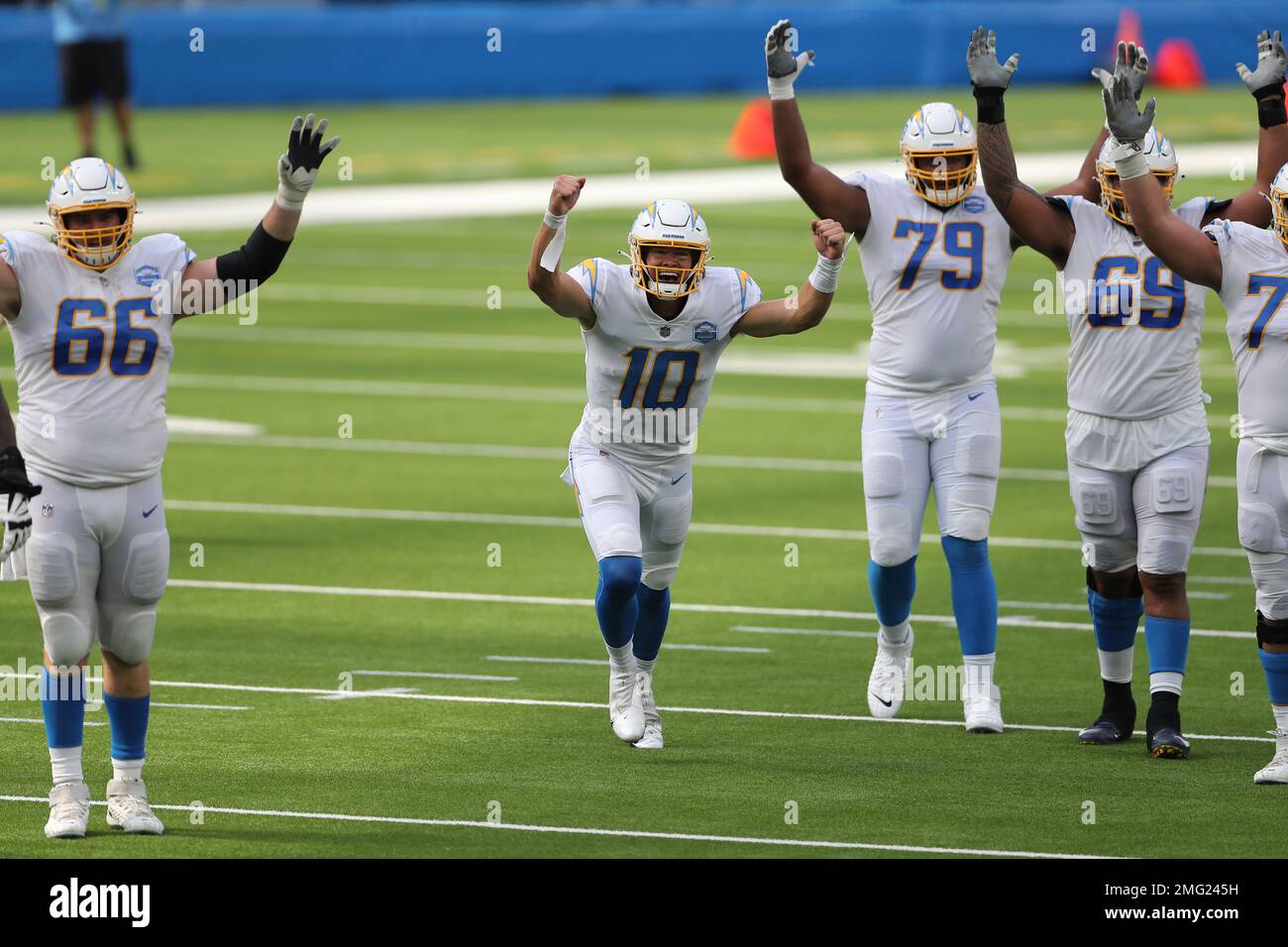 Los Angeles Chargers quarterback Justin Herbert (10) celebrates after ...