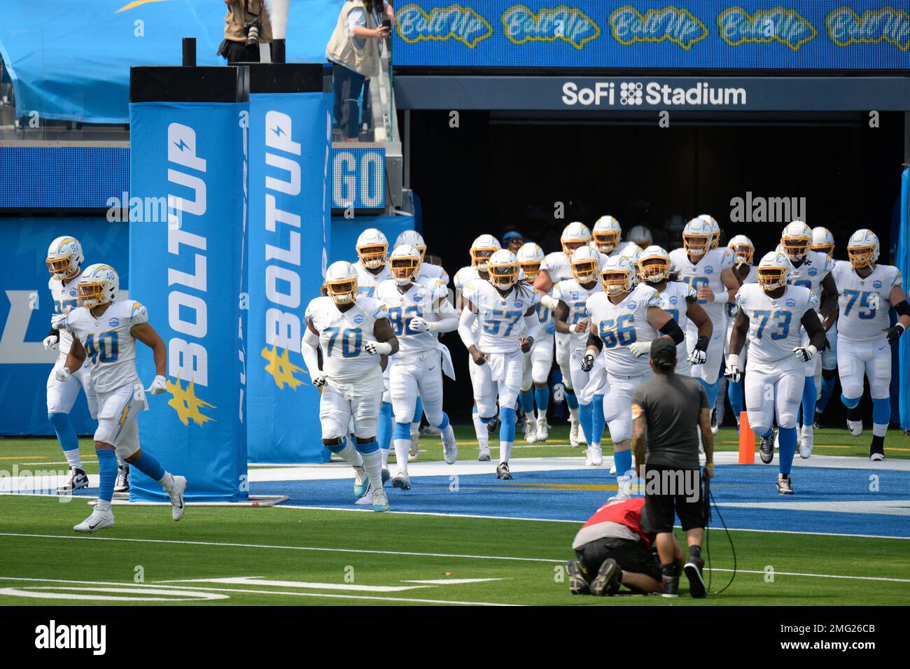 Los Angeles Chargers players enter SoFi Stadium prior to an NFL ...
