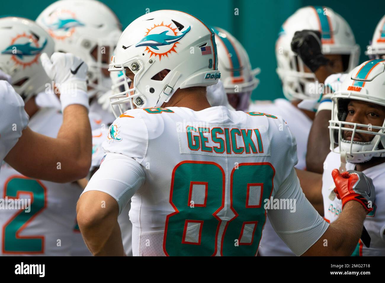Miami Dolphins tight end Mike Gesicki (88) waits in the tunnel before taking on the Buffalo ...