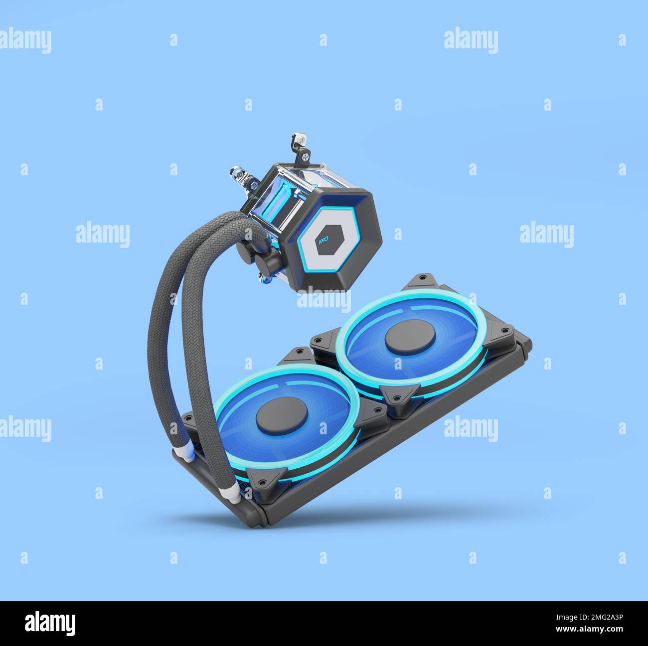 high performance Desktop PC and Cooling system 3d render on blue Stock ...