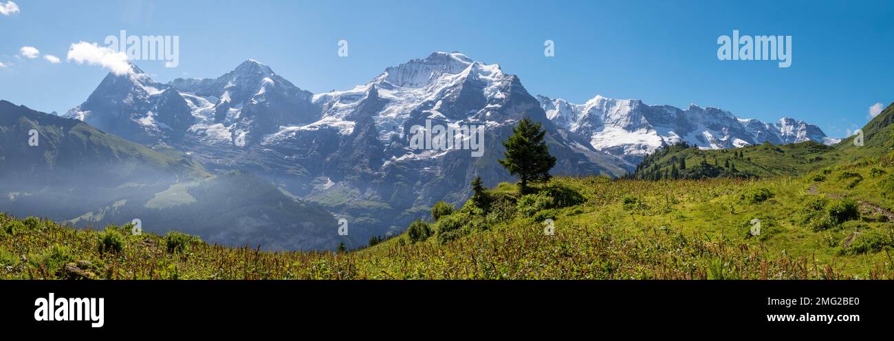 The panorma of Bernese alps with the Jungfrau, Monch and Eiger peaks ...