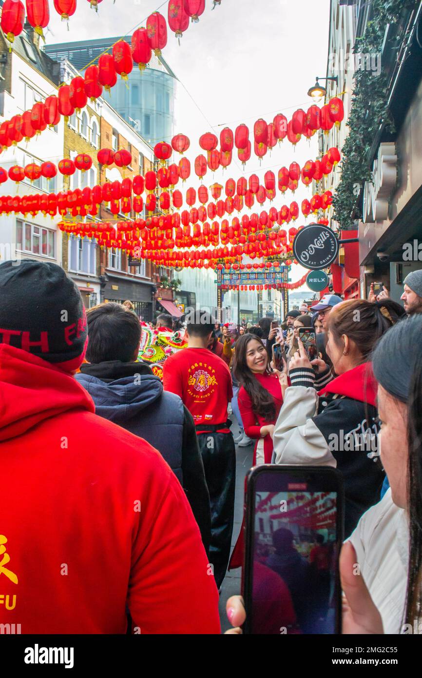 CHINATOWN, LONDON, ENGLAND - 22 January 2023: Crowds in iconic Chinatown on Chinese New Year ...