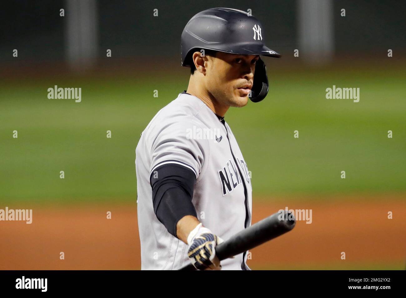 New York Yankees' Giancarlo Stanton comes to bat during the first ...