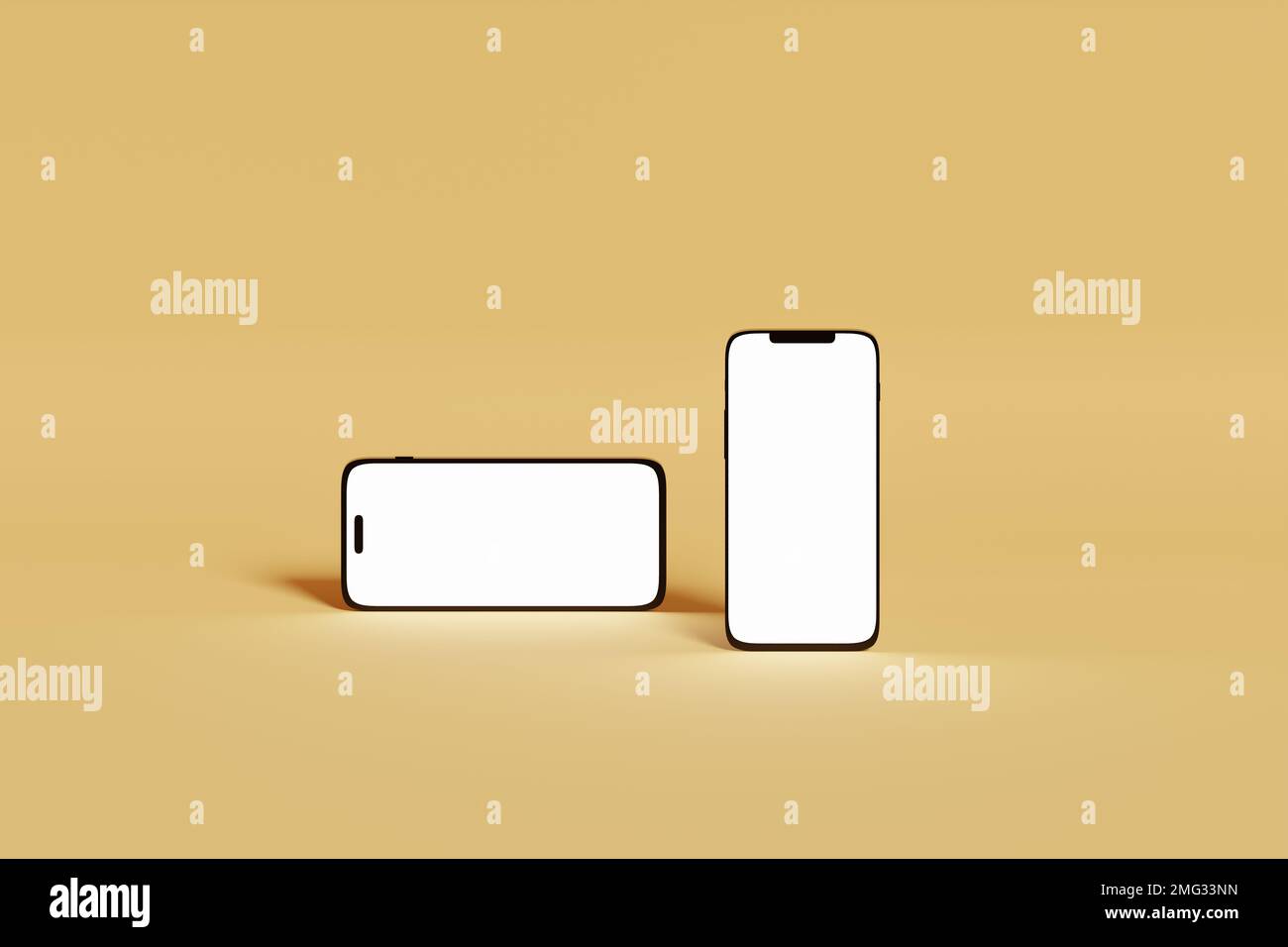Two generic smartphone mockups with white screens in yellow pastel ...