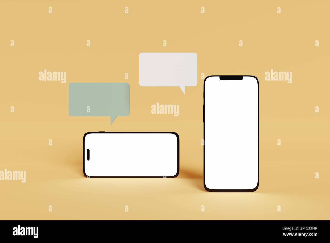 Two generic smartphone mockups with white screens and speech bubbles in ...