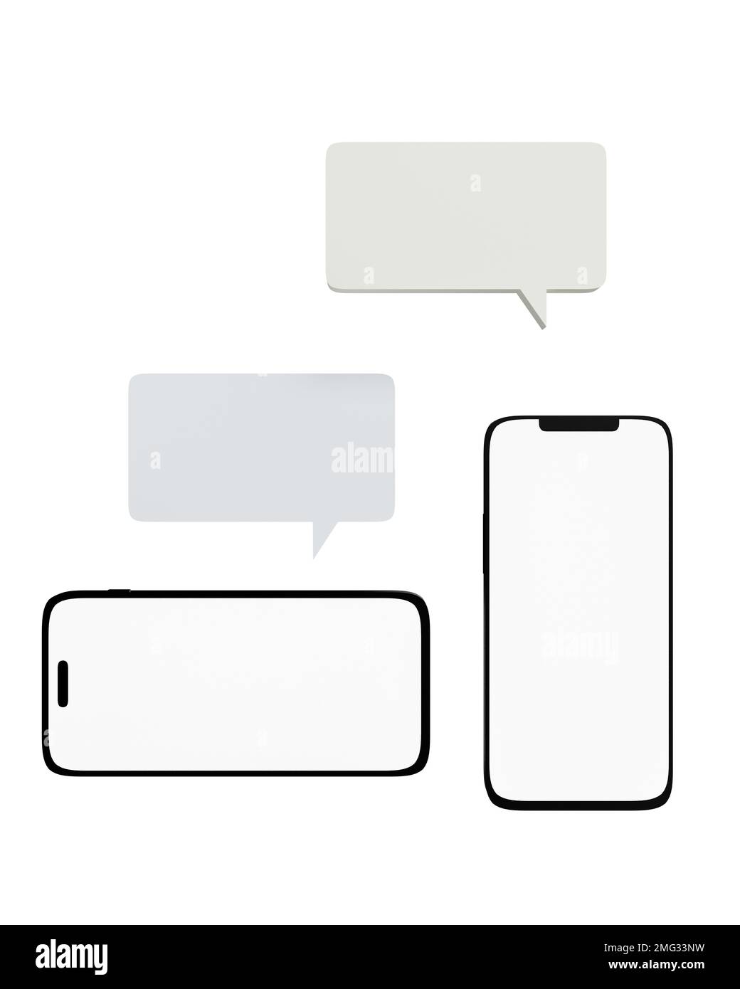 Two generic smartphone mockups with white screens and speech bubbles in ...