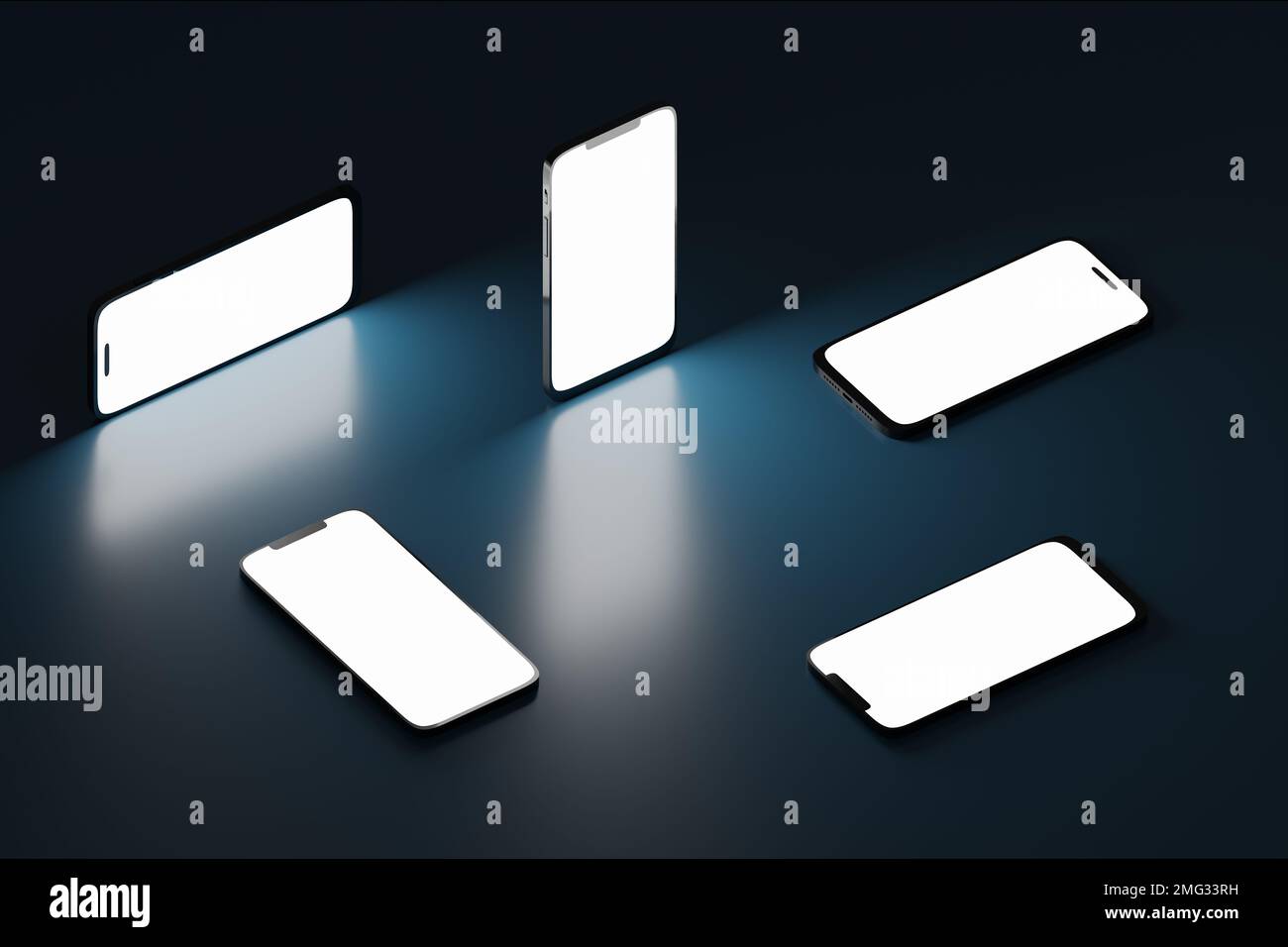 Bunch of generic smartphone mockups with white screens in dark, 3d ...