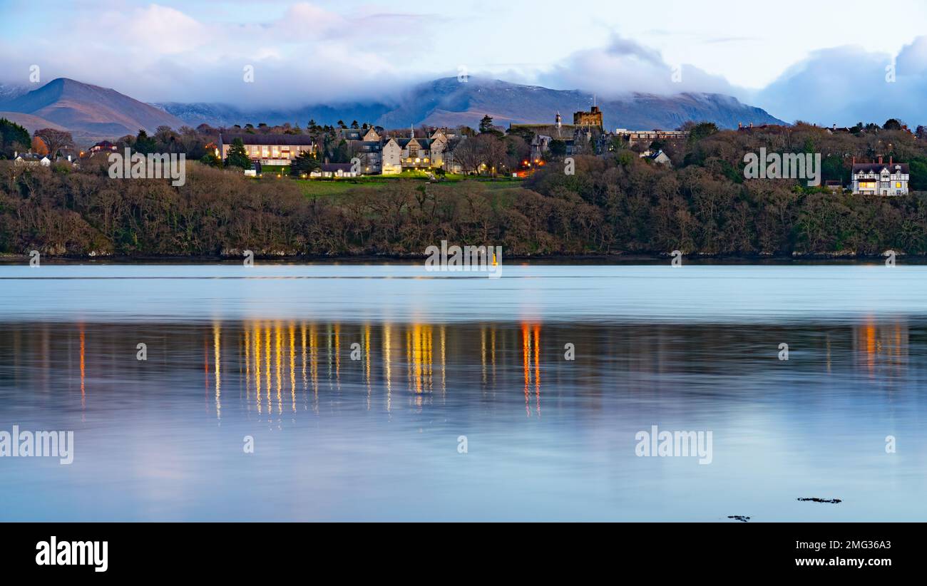 Bangor University, viewed from Anglesey, on the opposite side of the ...