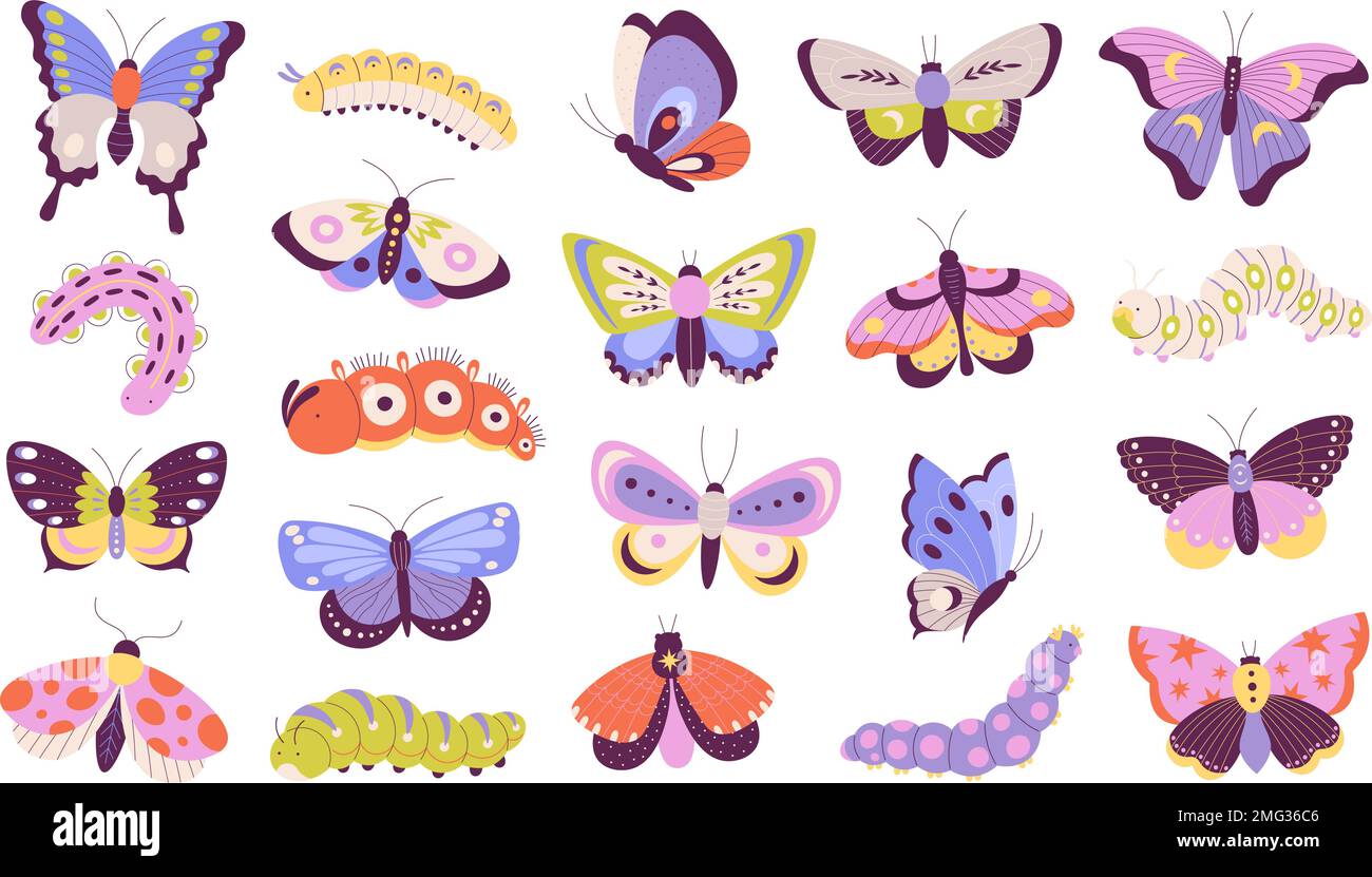 Colorful doodle butterfly and caterpillars. Moth, cartoon floral garden ...