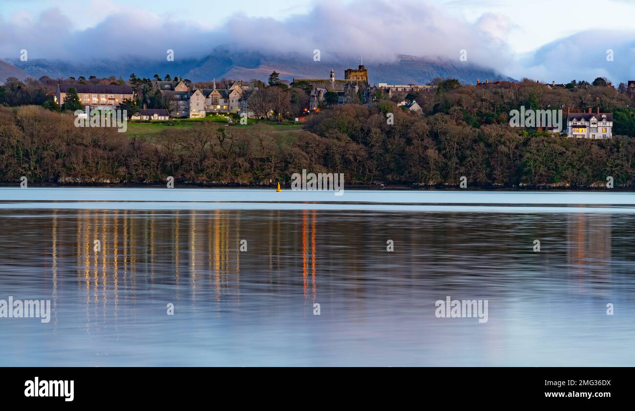 Bangor University, viewed from Anglesey, on the opposite side of the ...