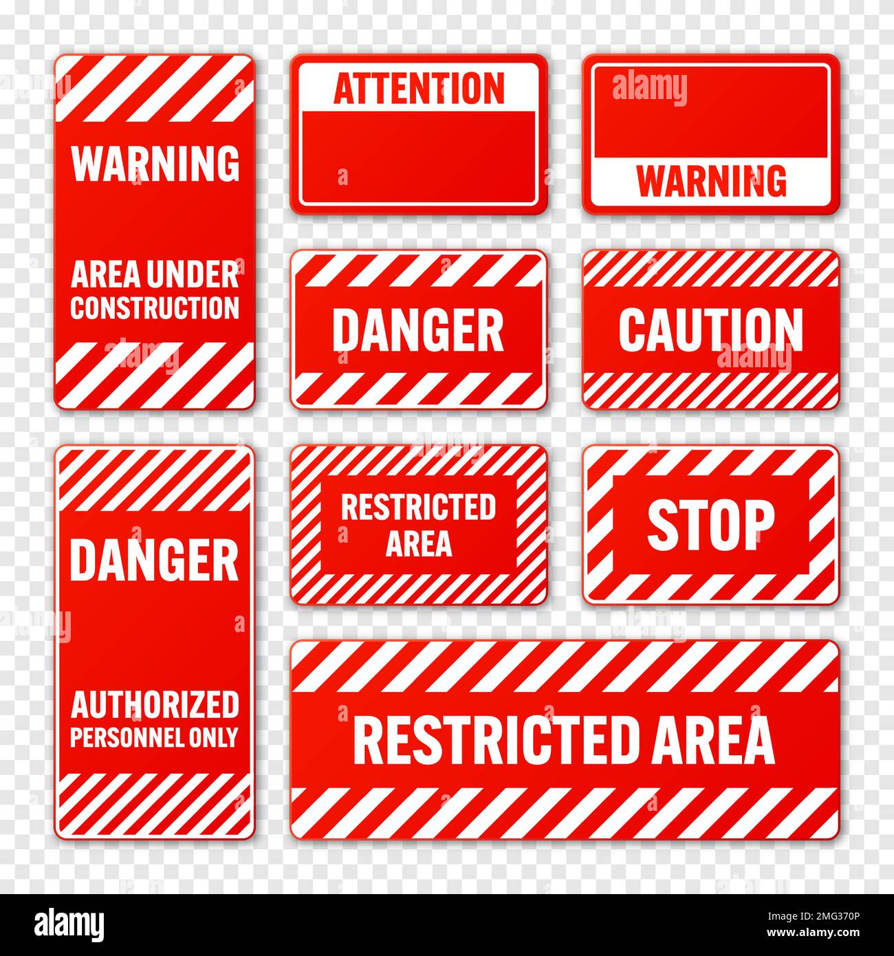 Various white and red warning signs with diagonal lines. Attention ...