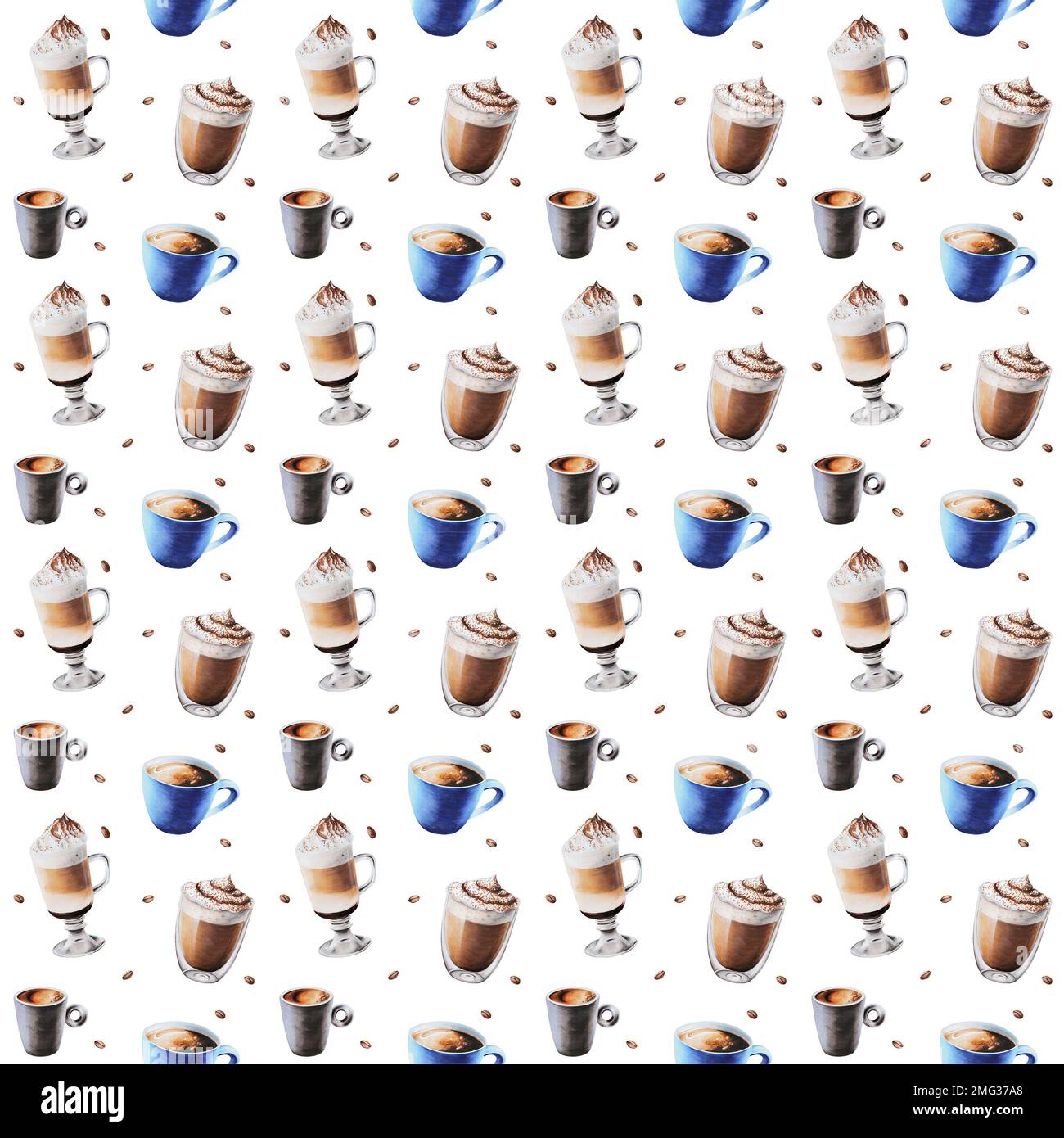Watercolor seamless pattern with coffee cups and coffee beens. Latte ...