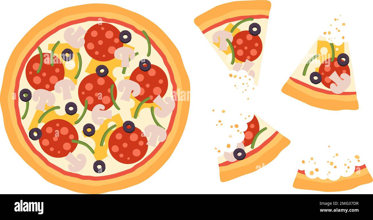 Pizza slicing top view with salami cheese and mushroom. Bite pizza ...