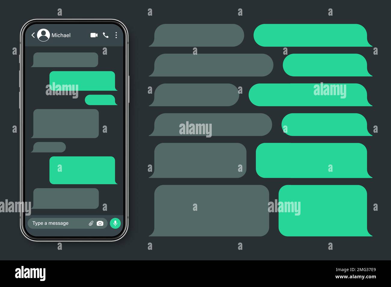 Realistic smartphone with messaging app. Blank SMS text frame ...