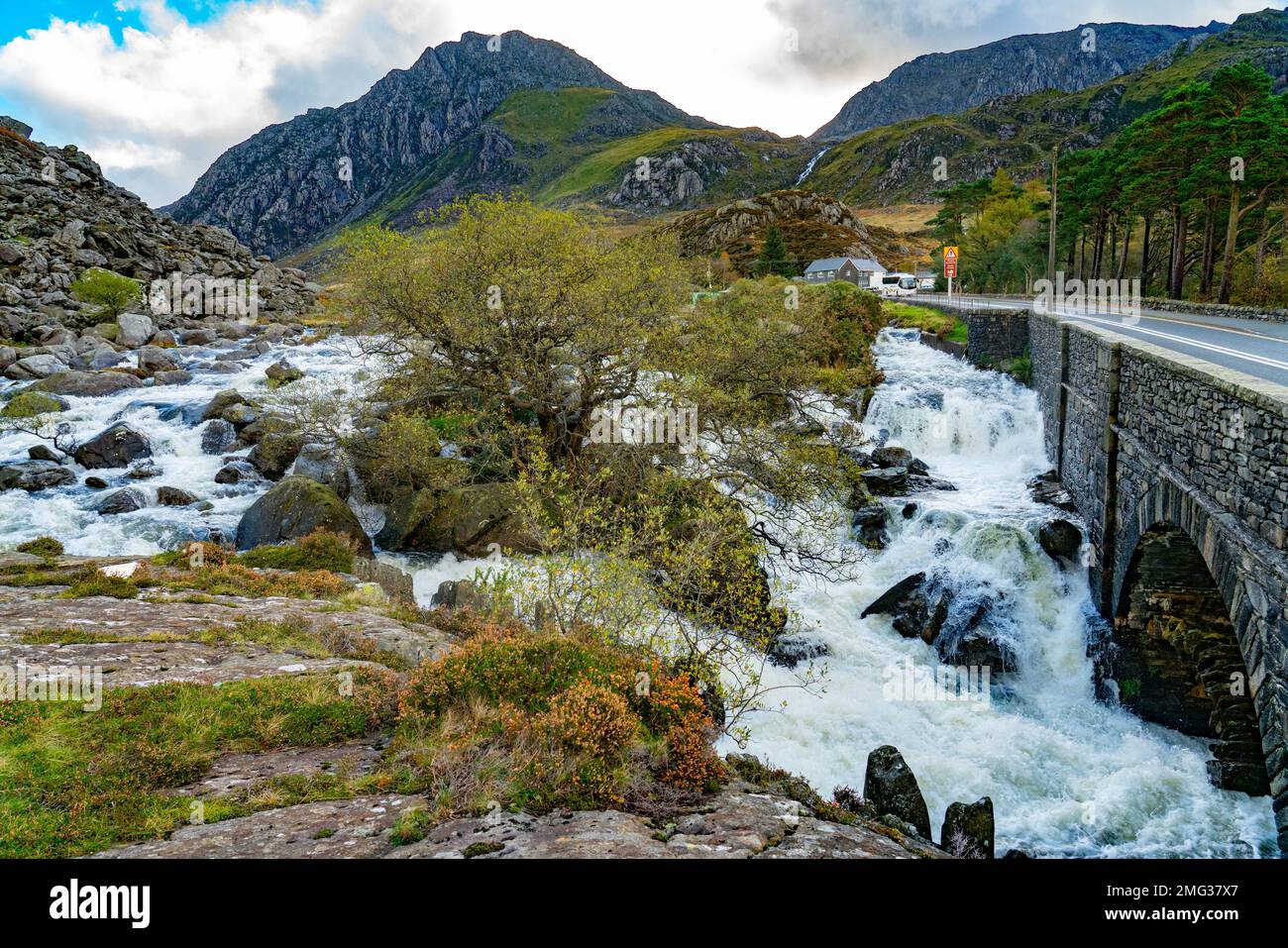 The River Ogwen going under the A5 Trunk Road, near Bethesda, Gwynedd ...