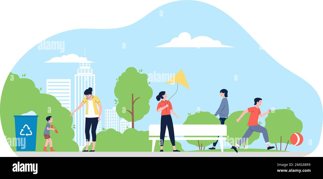 People walk in city park. Flat cute characters play in ball and kite ...