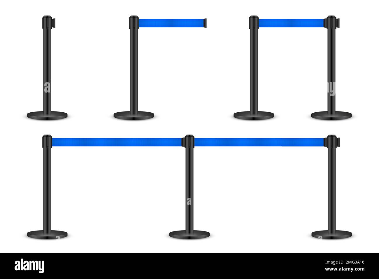 Realistic blue retractable belt stanchion. Crowd control barrier posts ...