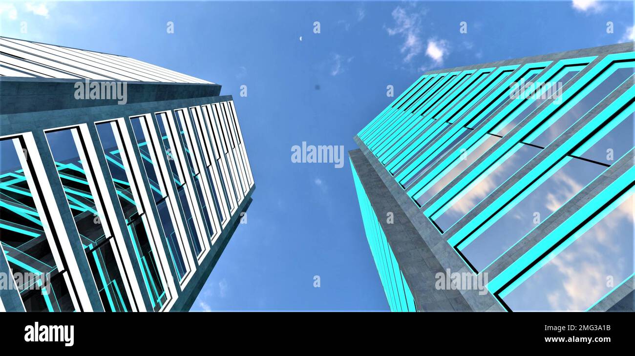 Upscale skyscrapers bottom view against the blue cloudy sky. Day ...