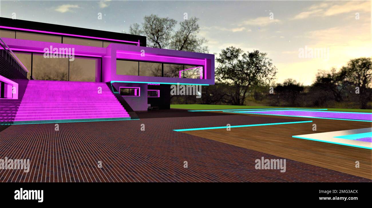 Purple glowing steps of the wide stone staircase. Night illumination of ...