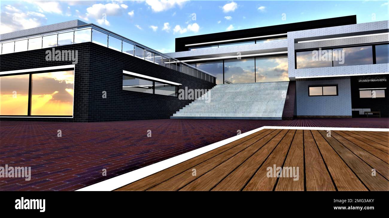 Stylish wide concrete stairs up to the terrace with large panoramic ...