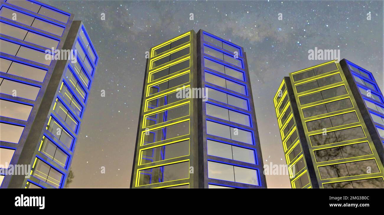Amazing starry night sky above contemporary upscale apartment buildings ...