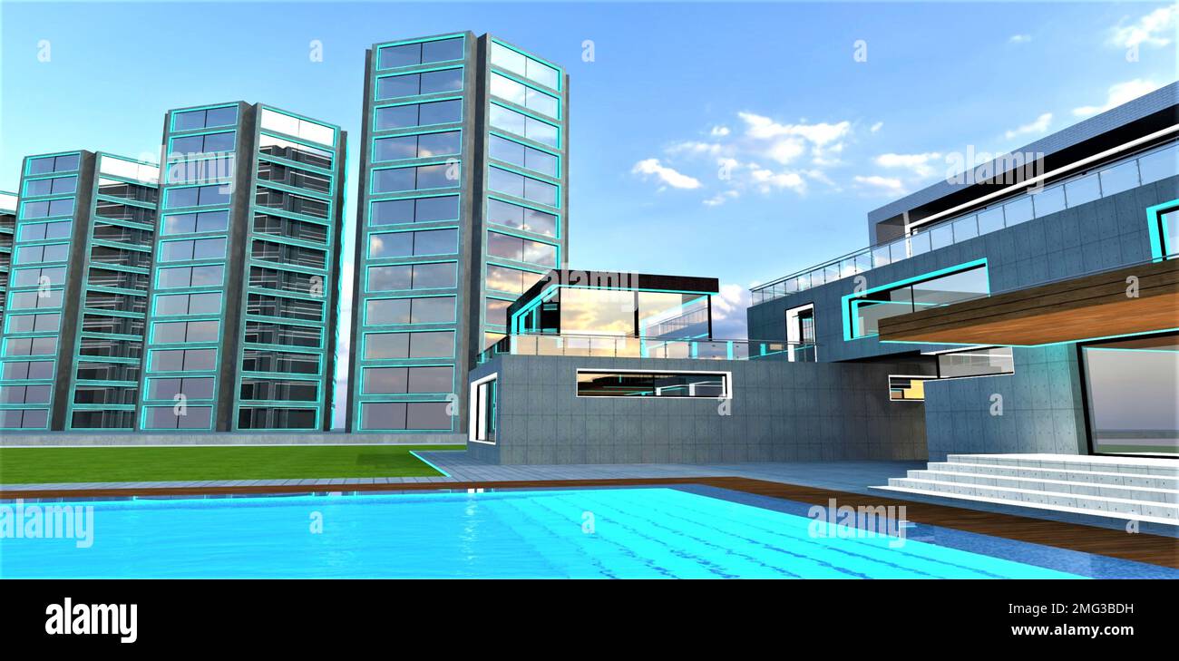 Stunning pool with glowing turquoise water under the blue sky. Newly ...