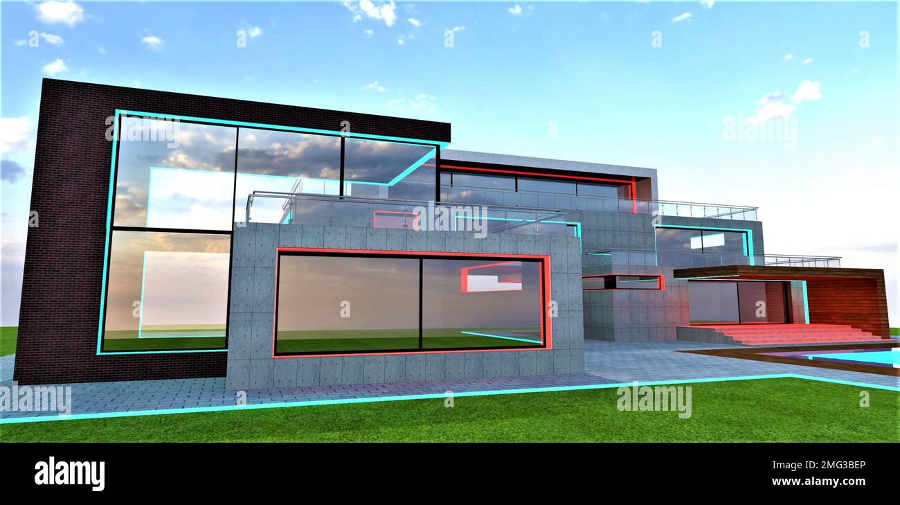 Abstract suburban house made of concrete and glass iluminated in ...