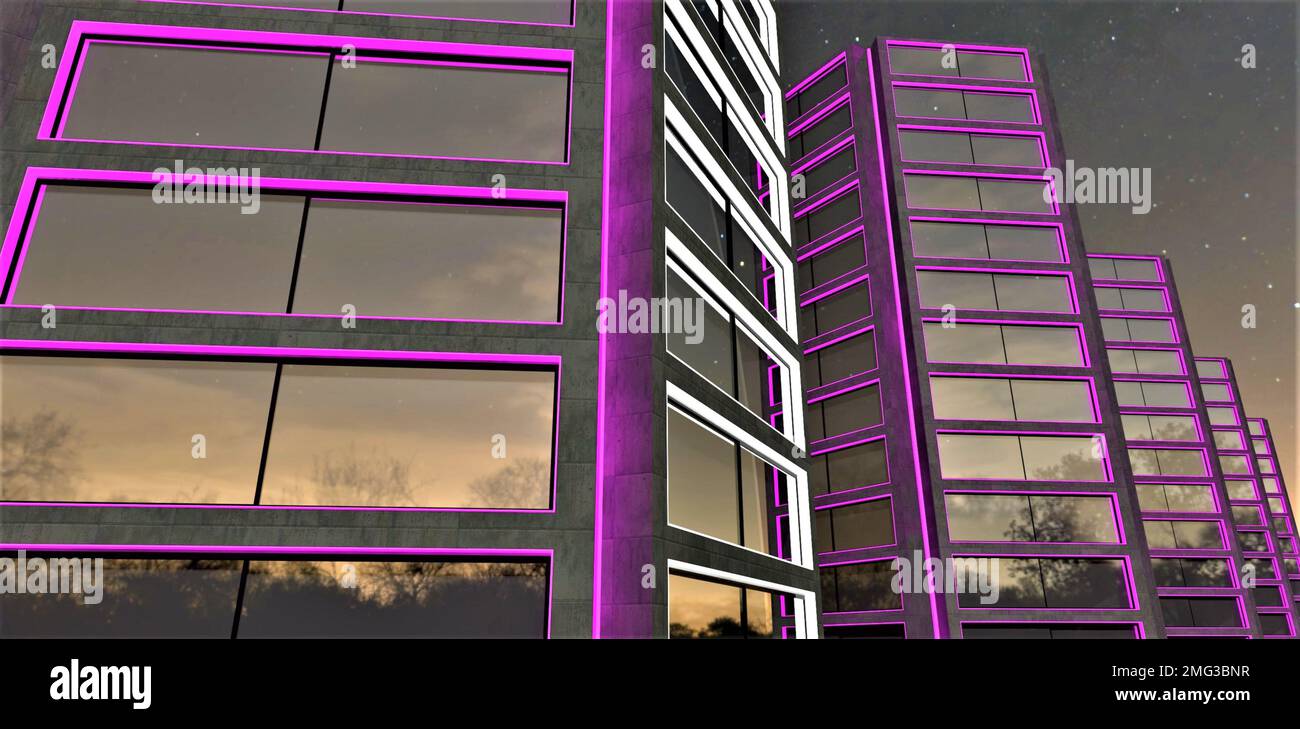 Purple window frames illumination of the long apartment building at ...