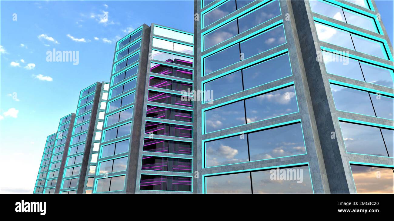 Exclusive design of the several skyscrapers constructed in a row. Glass ...