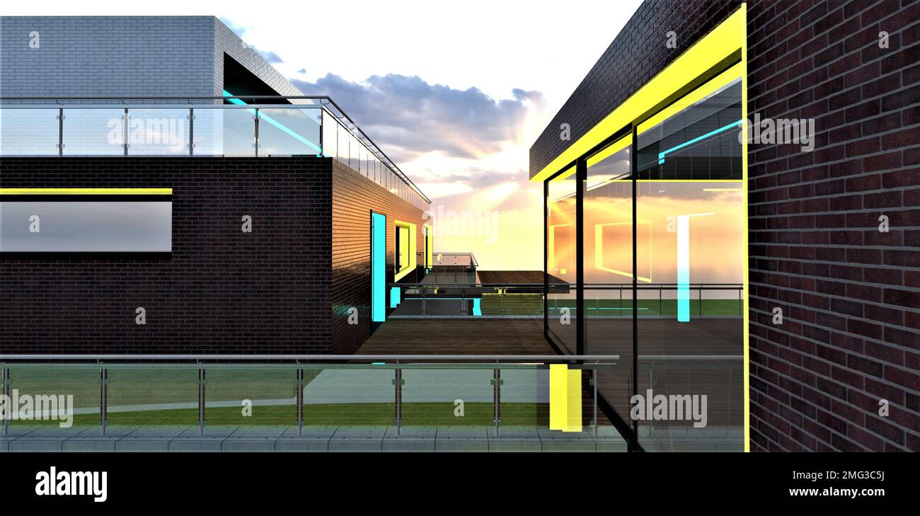 Amazing sunset visible from the fenced terrace of the modern suburban ...