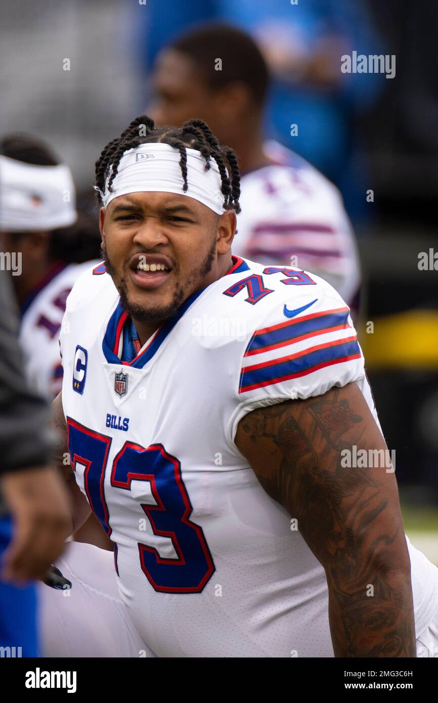 Buffalo Bills offensive tackle Dion Dawkins (73) stretches before an ...