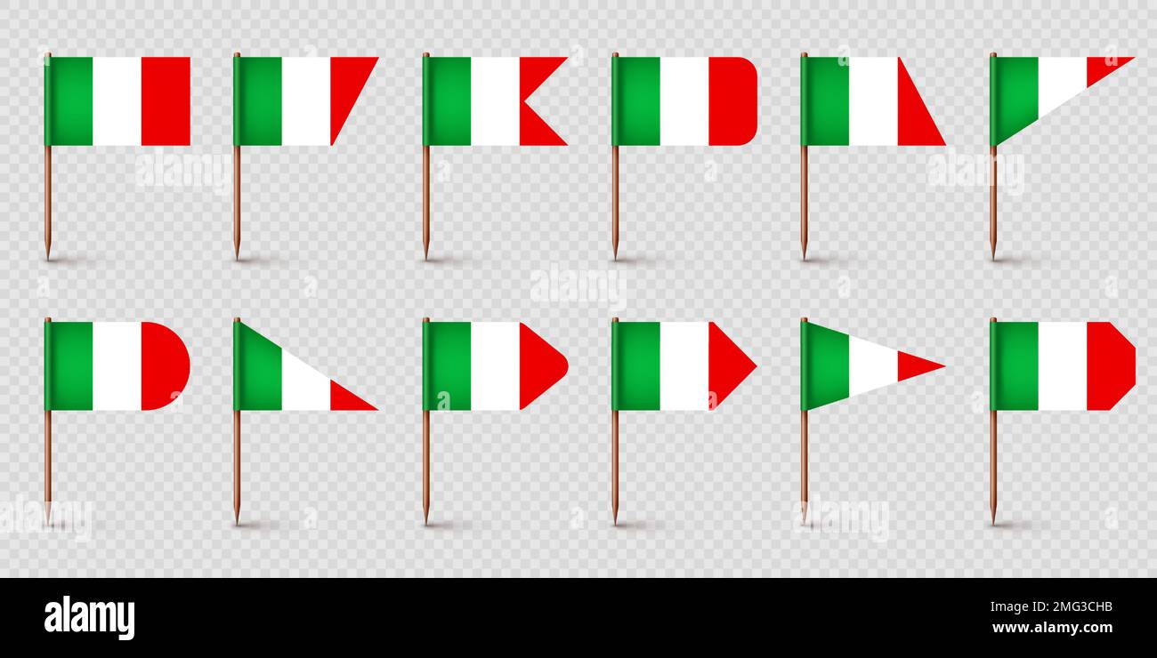 Realistic various Italian toothpick flags. Souvenir from Italy. Wooden ...