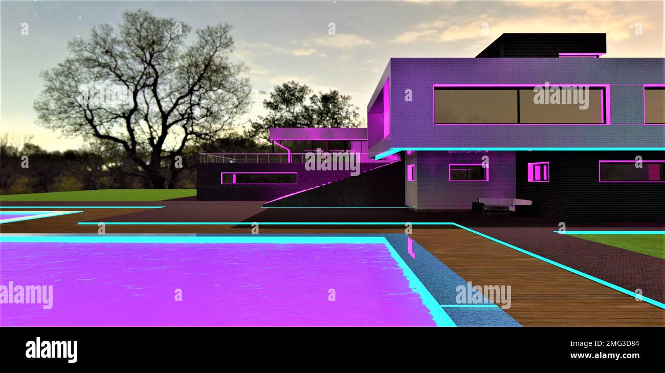 Weel-groomed territory of the upscale estate illuminated in turquoise ...