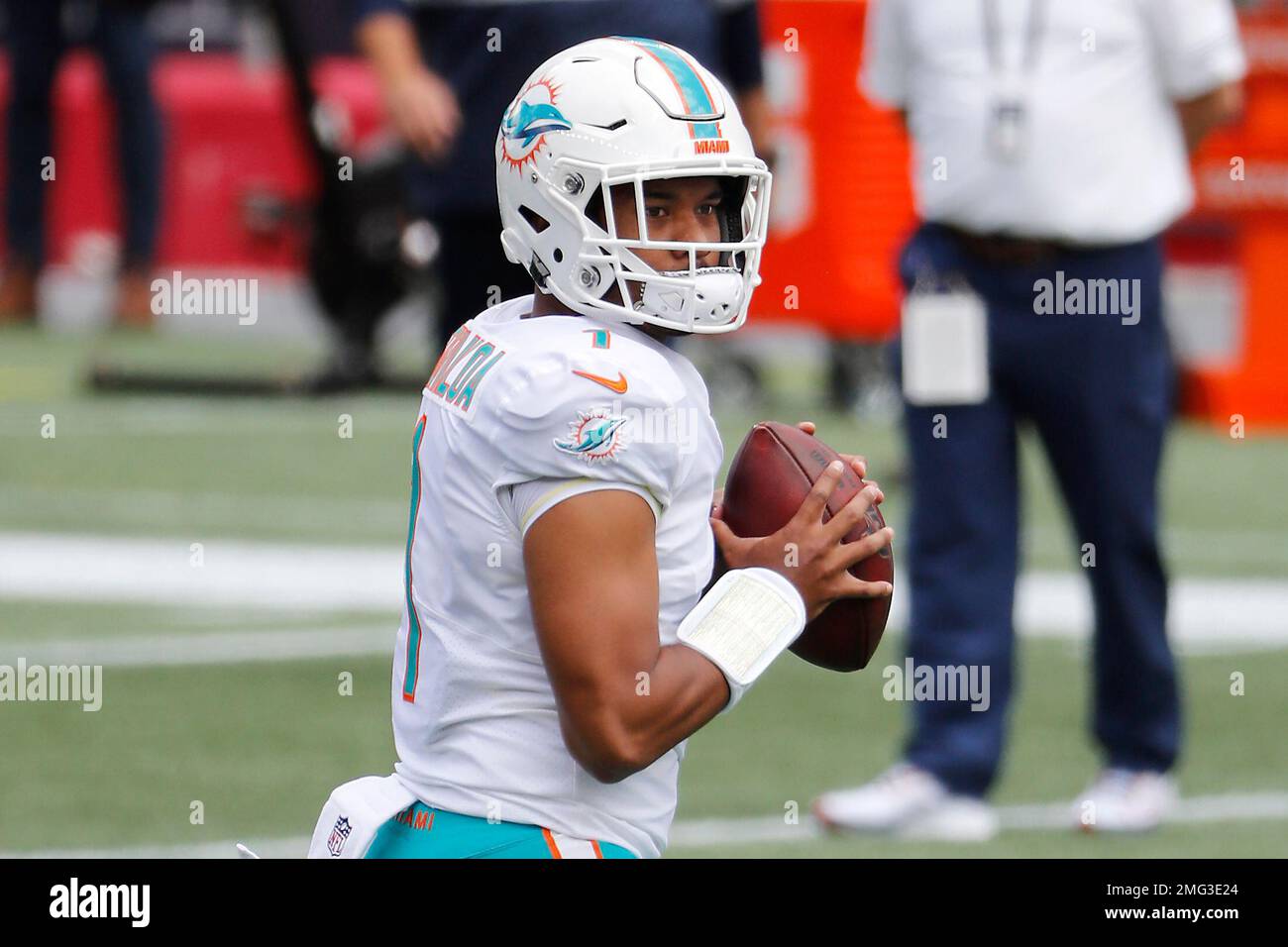 Miami Dolphins quarterback Tua Tagovailoa before an NFL football game ...