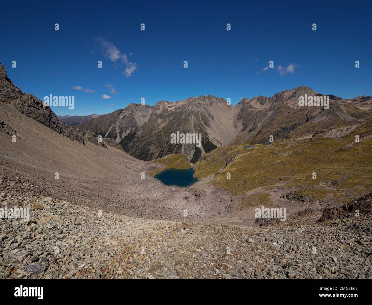 Southern Alps mountain panorama of scenic alpine tarn lake in Nelson ...