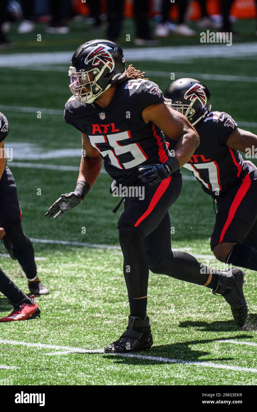 Atlanta Falcons defensive end Steven Means (55) works against the ...