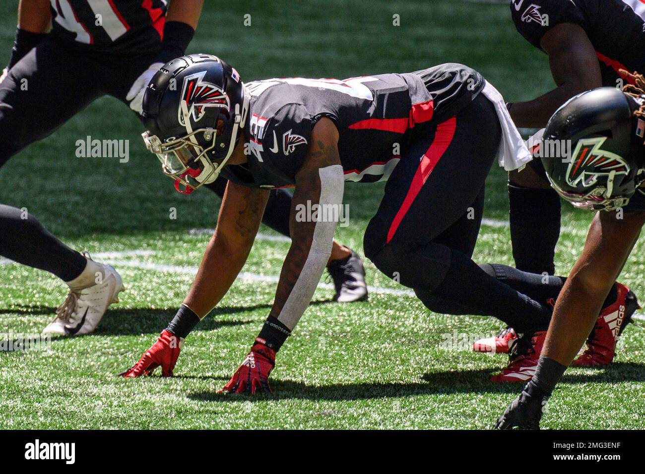 Atlanta Falcons linebacker Mykal Walker (43) lines up against the ...