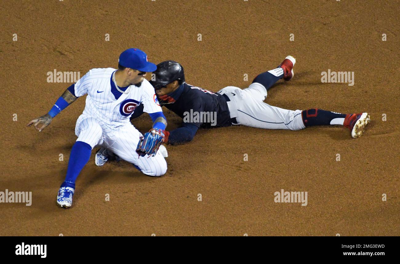 Cleveland Indians' Francisco Lindor, right, steals second base as ...