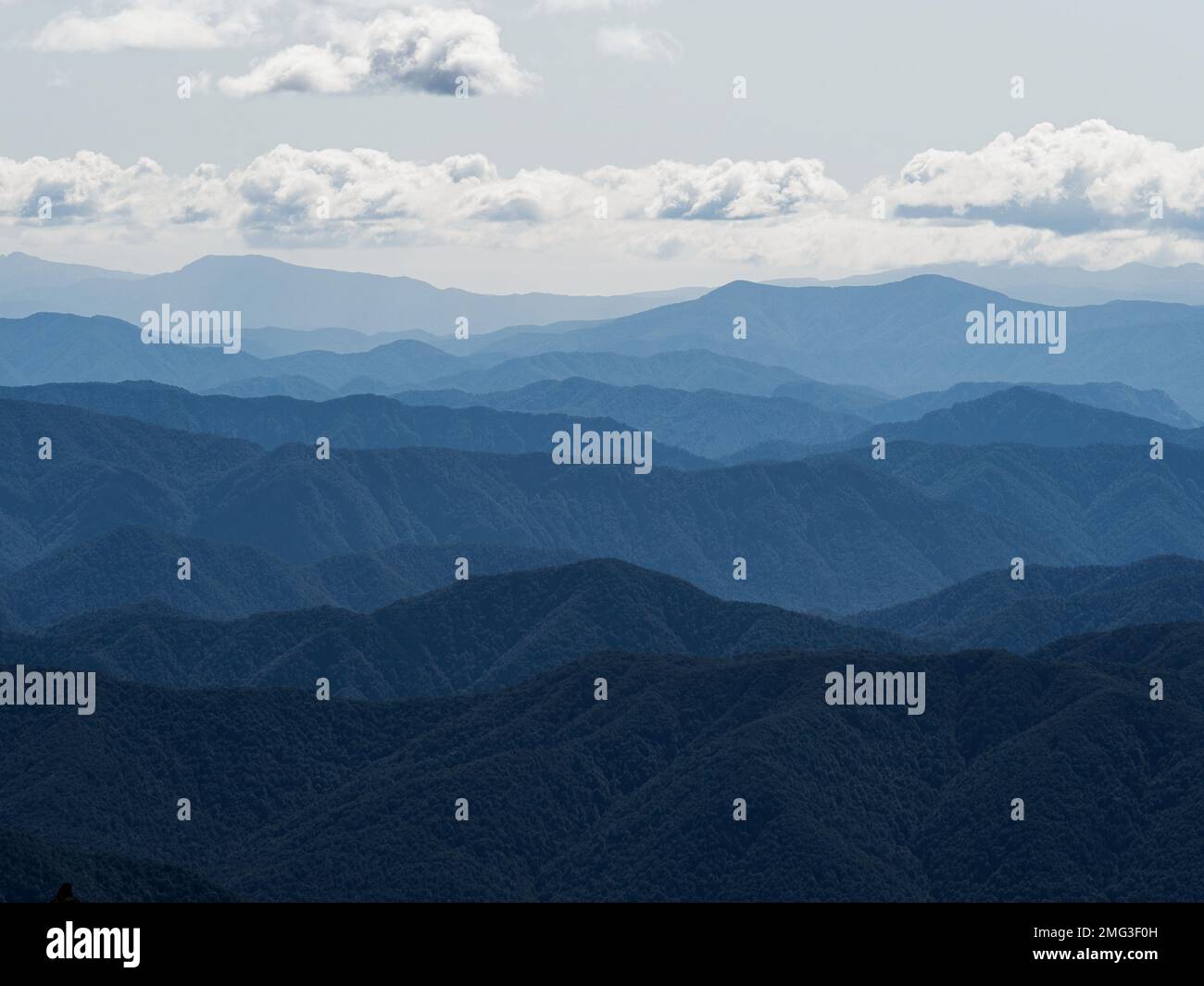 Southern Alps backcountry panorama of alpine mountain silhouette layers ...
