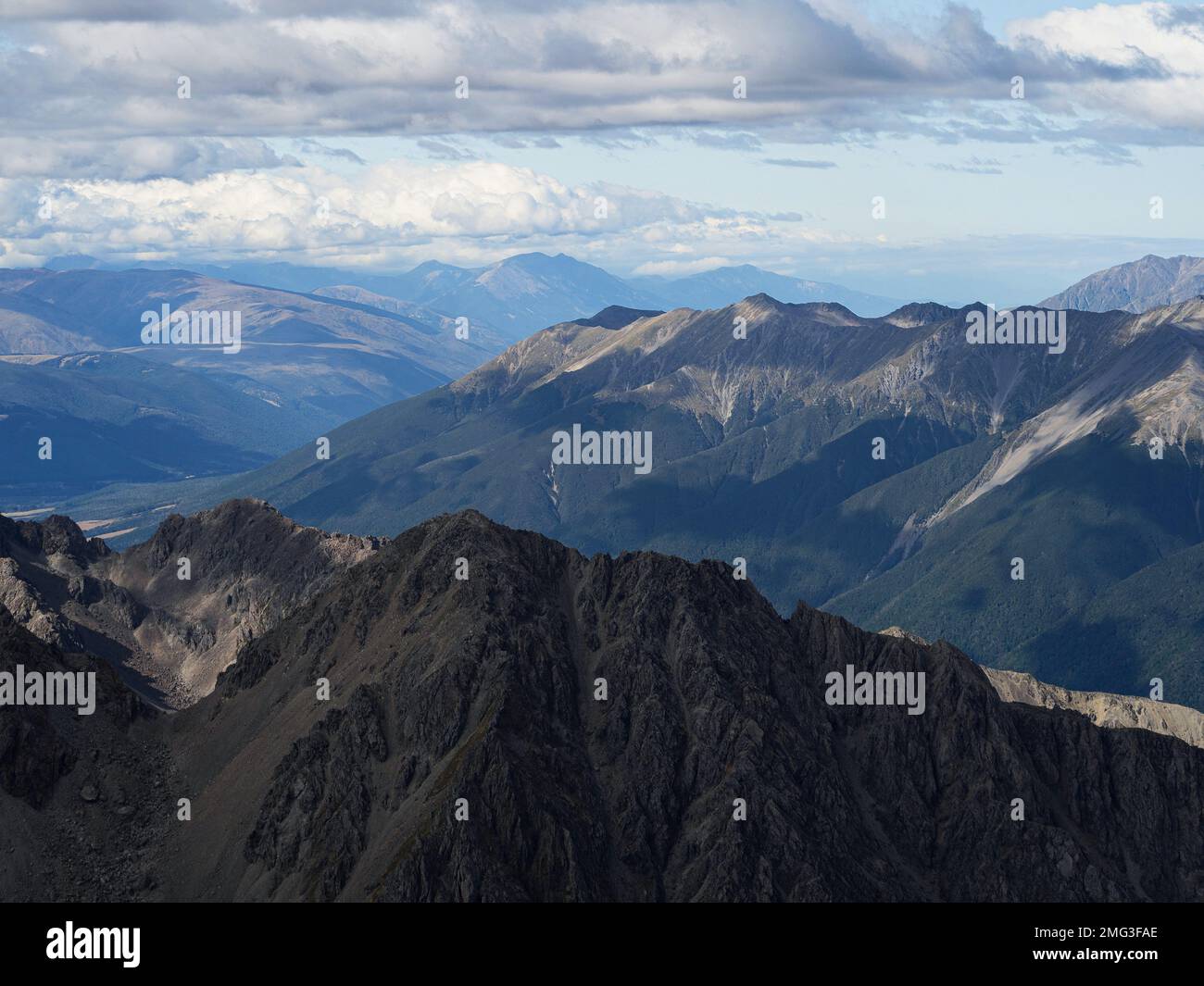 Southern Alps backcountry panorama of alpine mountain silhouette layers ...