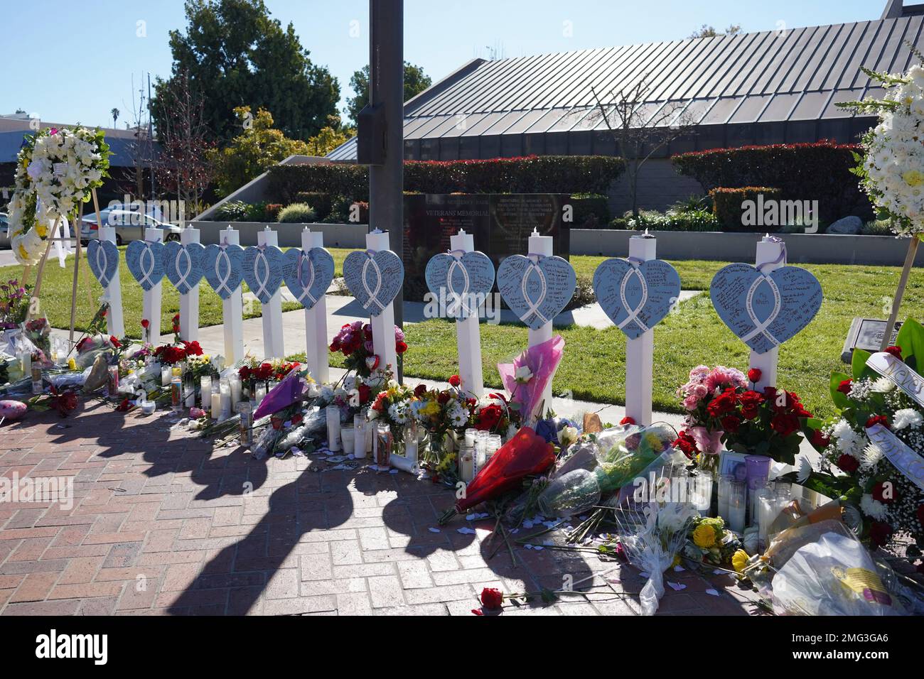 Wooden hearts with the names of mass shooting victims Valentino Marcos ...
