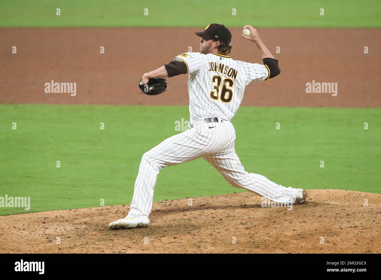 San Diego Padres relief pitcher Pierce Johnson pitches against the Los ...