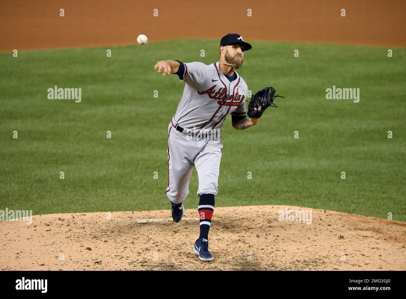 Atlanta Braves relief pitcher Shane Greene delivers a pitch during a ...