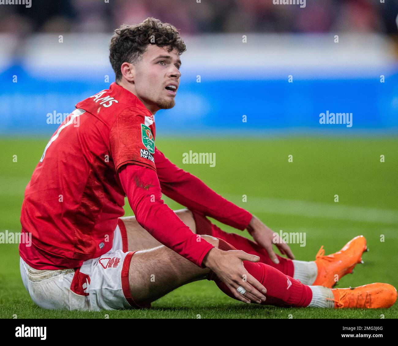 Neco Williams #7 of Nottingham Forest reacts during the Carabao Cup ...